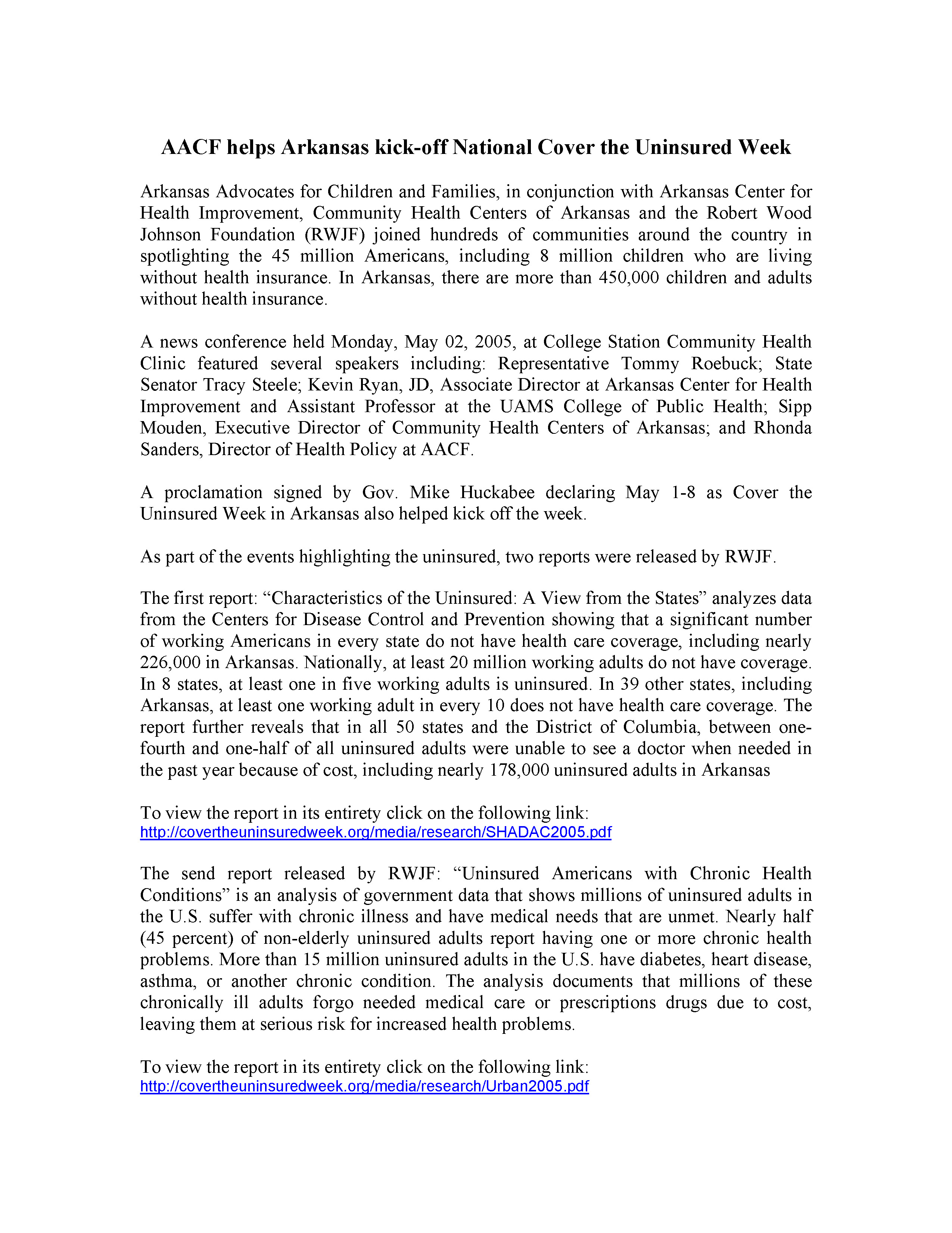 Press Release: AACF Helps Arkansas Kick-off National Cover the ...